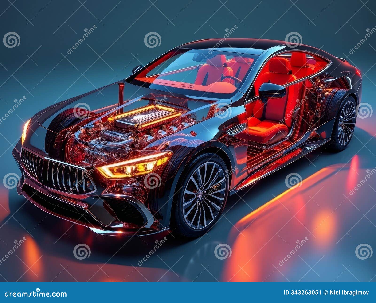Futuristic Transparent Car Design with Illuminated Interior and Engine ...