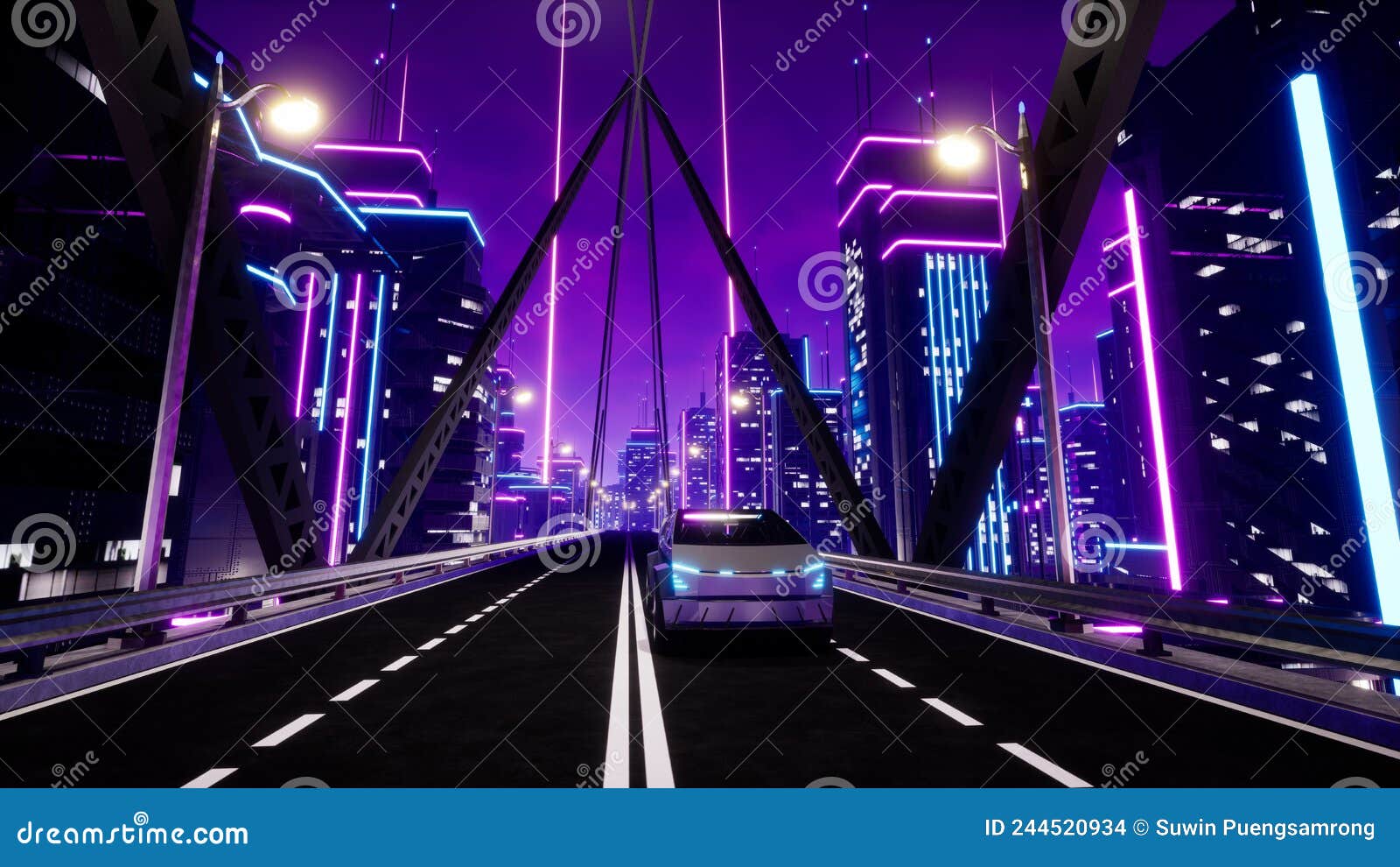 Futuristic Transport Car on Highway in Metaverse City. 3d Render Stock ...