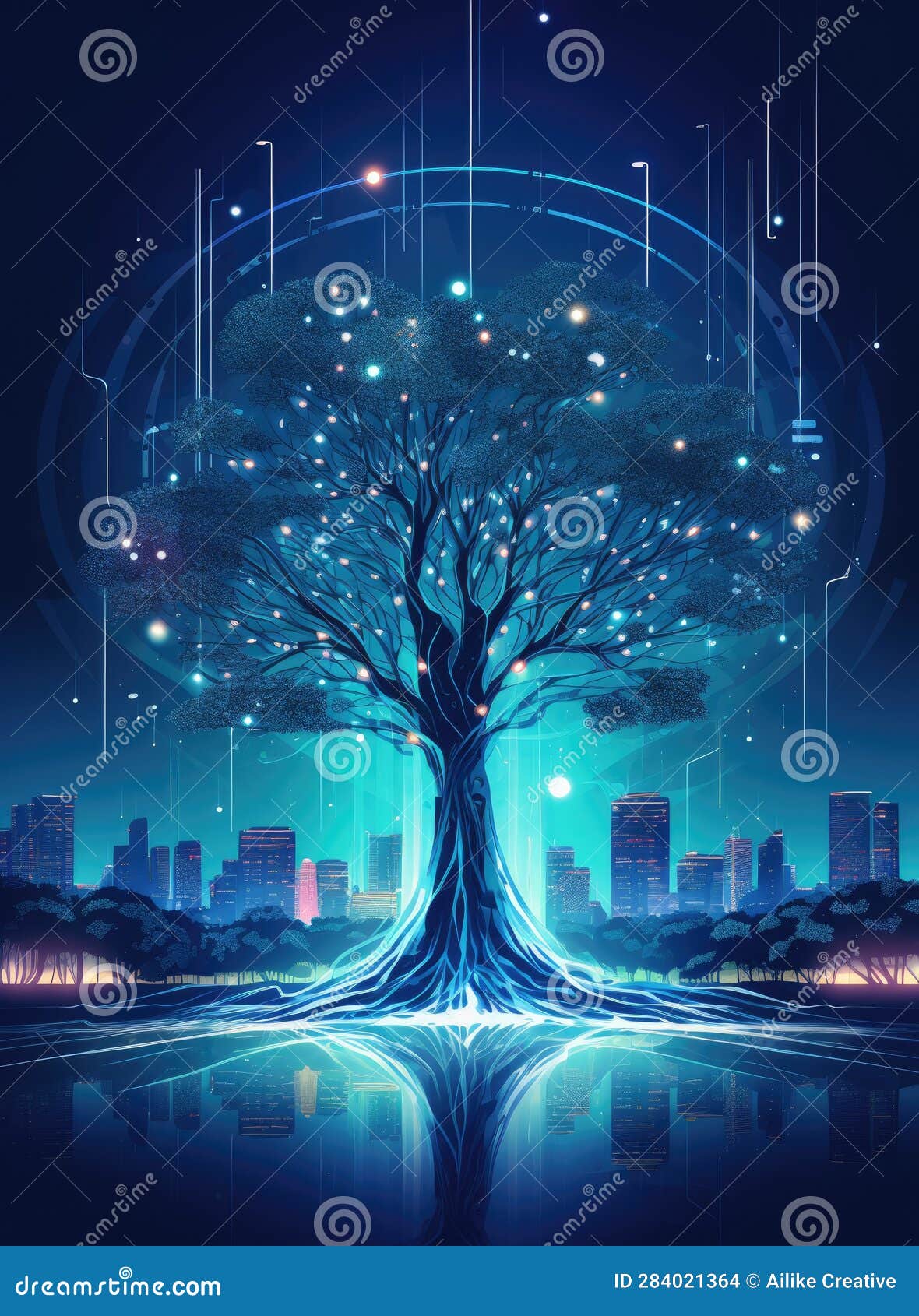Futuristic Tree in the City at Night. Vector Illustration Stock ...