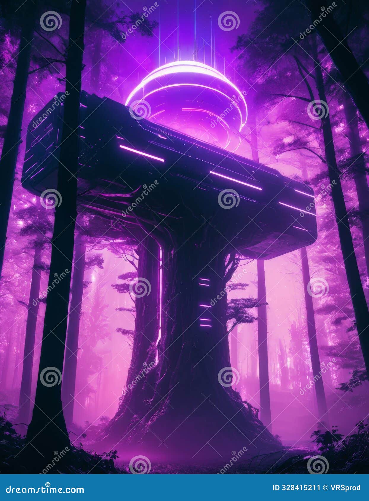 Sci-Fi Tree Structure in Neon Lit Forest Stock Image - Image of ...