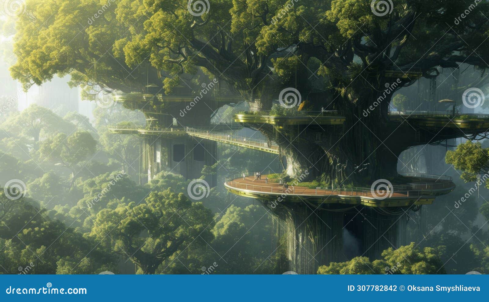 Futuristic Treehouses Integrated in Massive Ancient Trees in a Lush ...