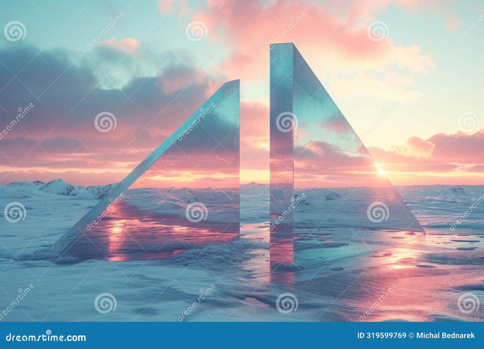 Futuristic Triangle Structures on Icy Landscape at Dawn Stock ...