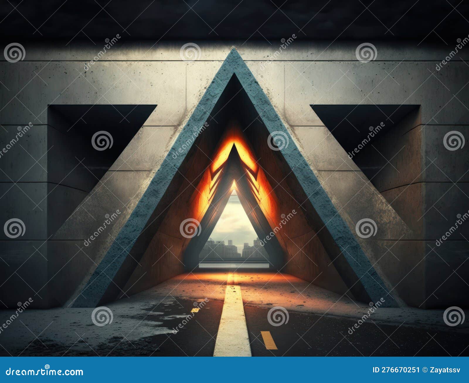 Futuristic Triangular Glowing Tunnel from Concrete Block Asphalt. AI ...