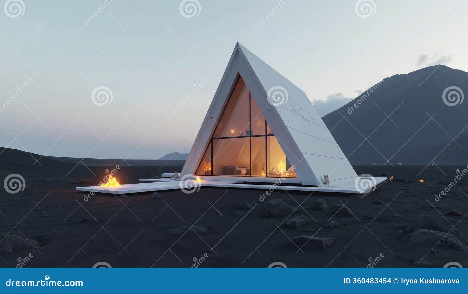 Futuristic Triangular White House in Black Desert with Fire Burning ...