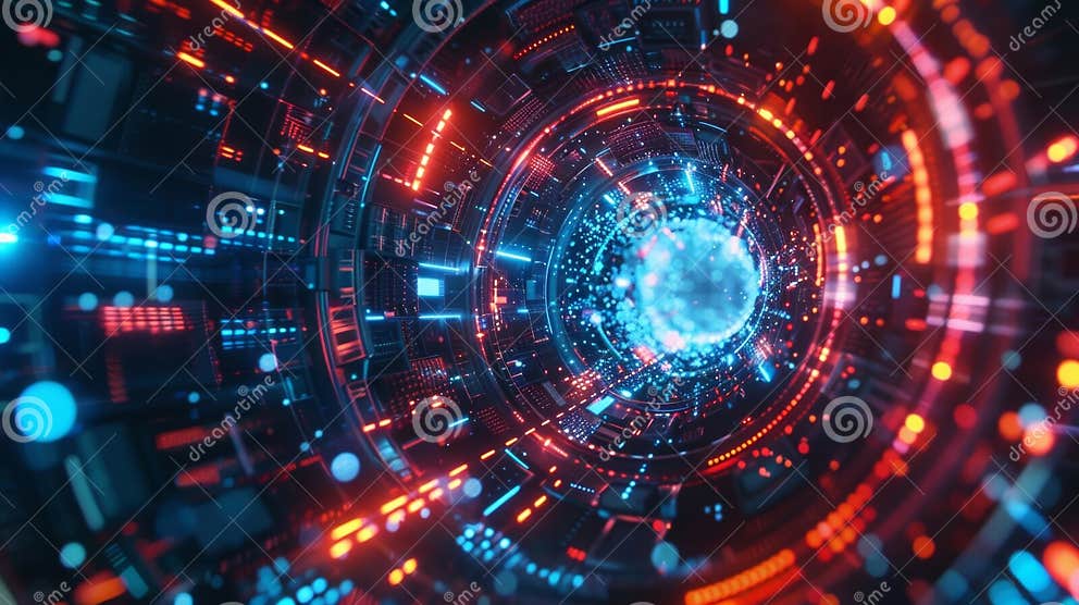Futuristic Tunnel Rotating with Red and Blue Lights and Digital Data Flowing Stock Image - Image ...