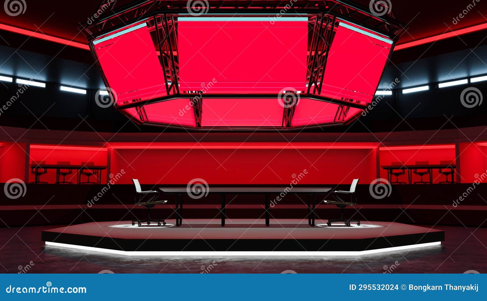 Futuristic TV Game Show Studio Design with an Interview Table on Stage ...