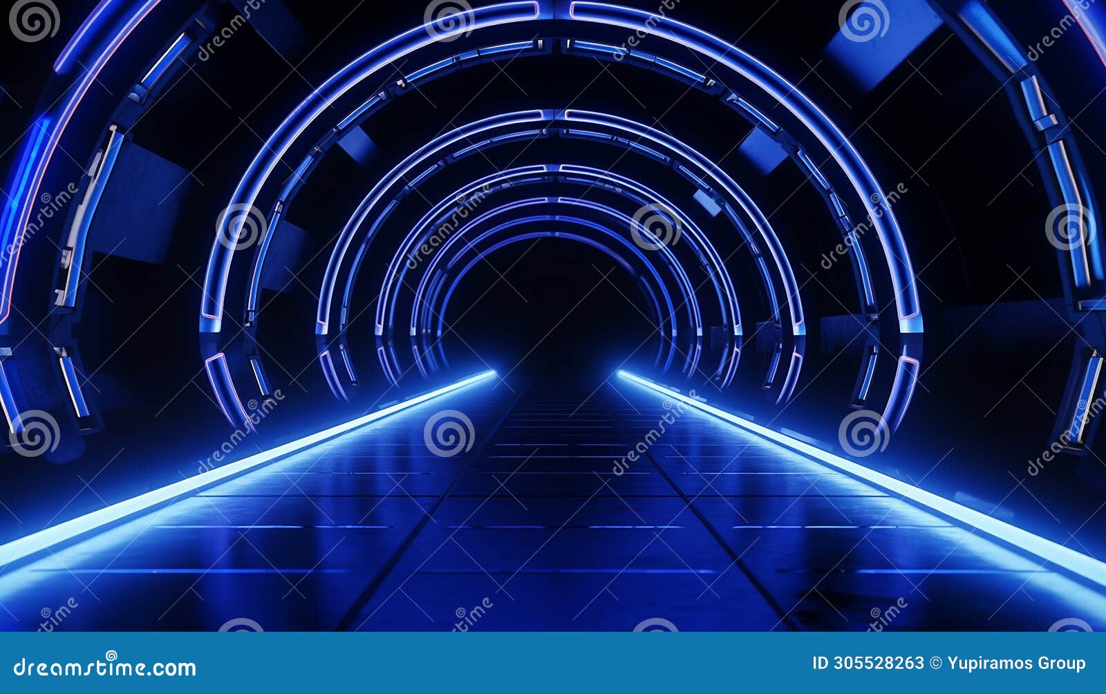 Futuristic Underground Corridor, Illuminated by Bright Blue Glowing ...