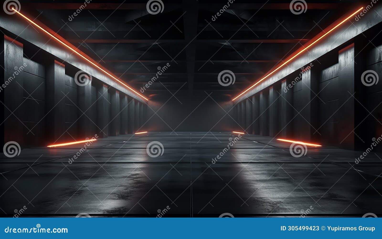 Futuristic Underground Corridor, Illuminated by Bright Blue Lighting ...