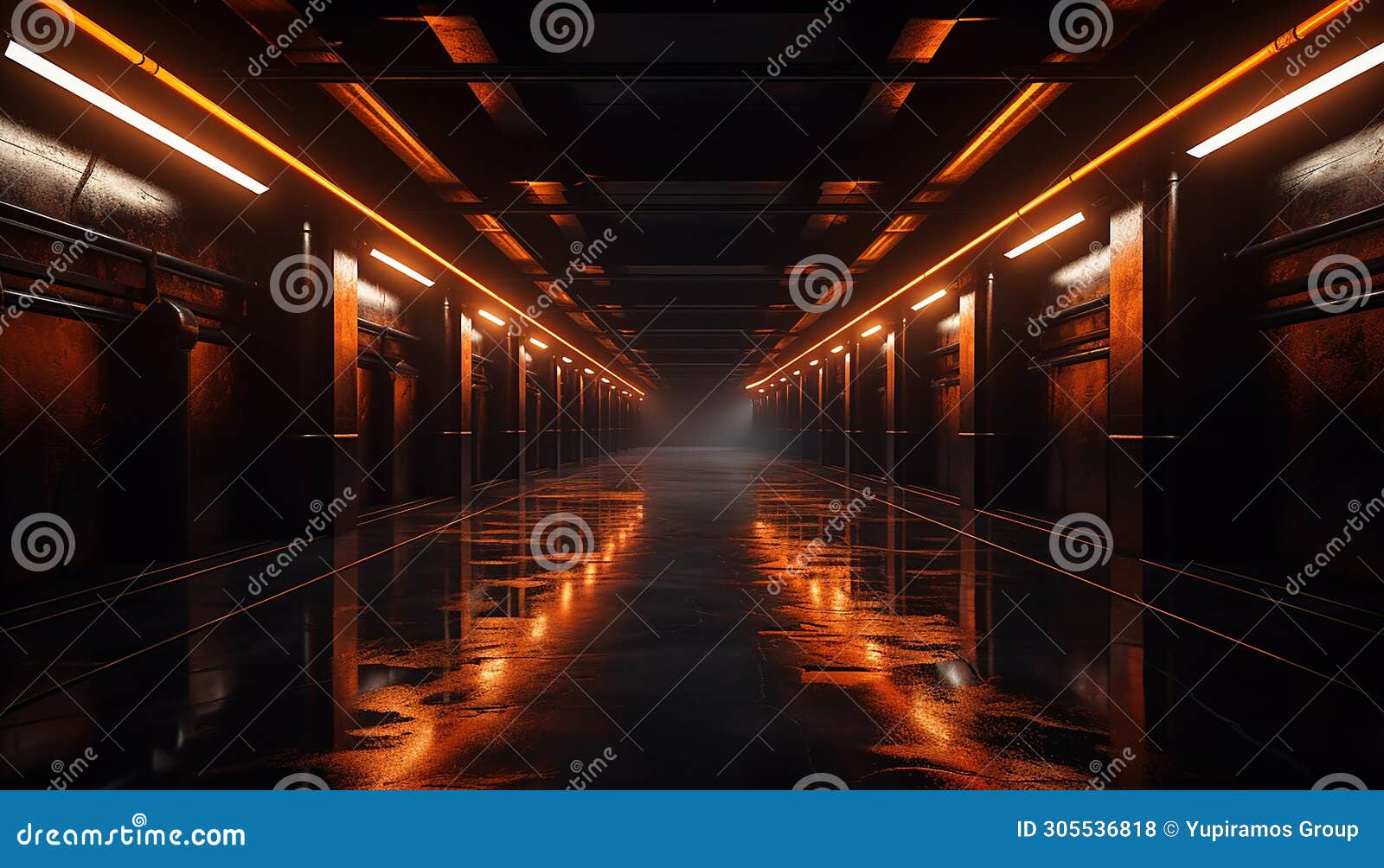Futuristic Underground Corridor, Illuminated by Glowing Electric Lamps ...