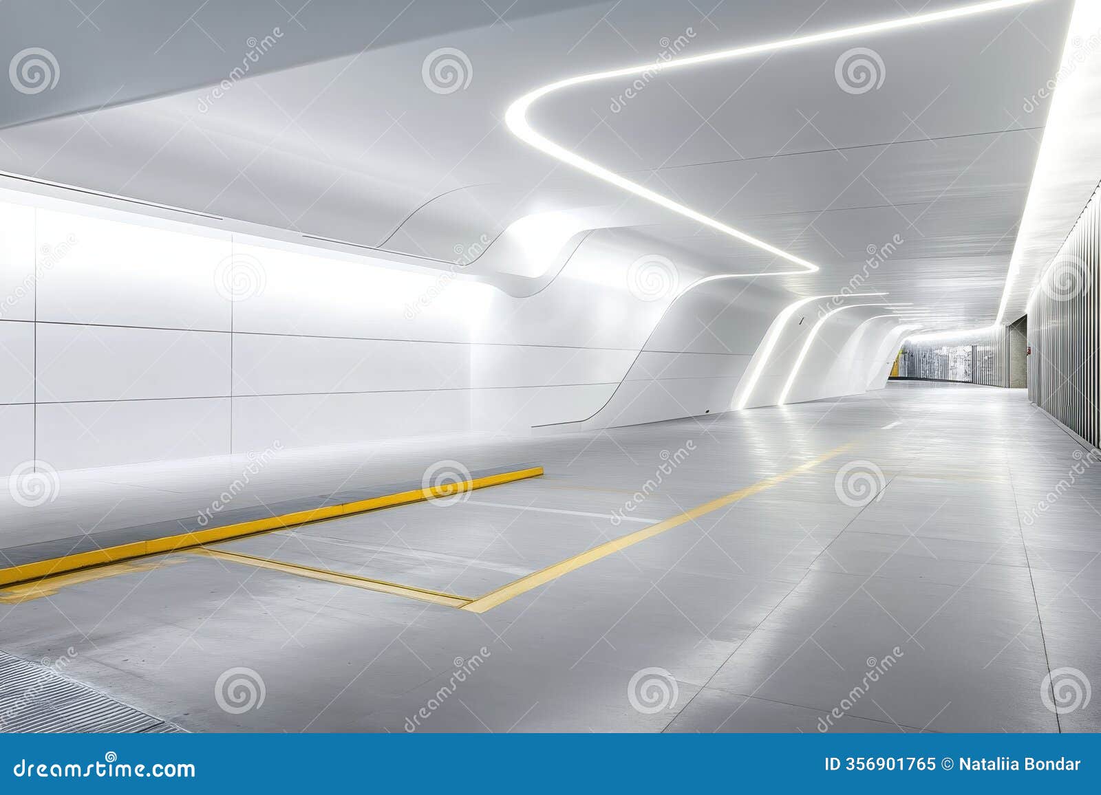 Futuristic Underground Parking Garage with Curved Illuminated Pathway ...