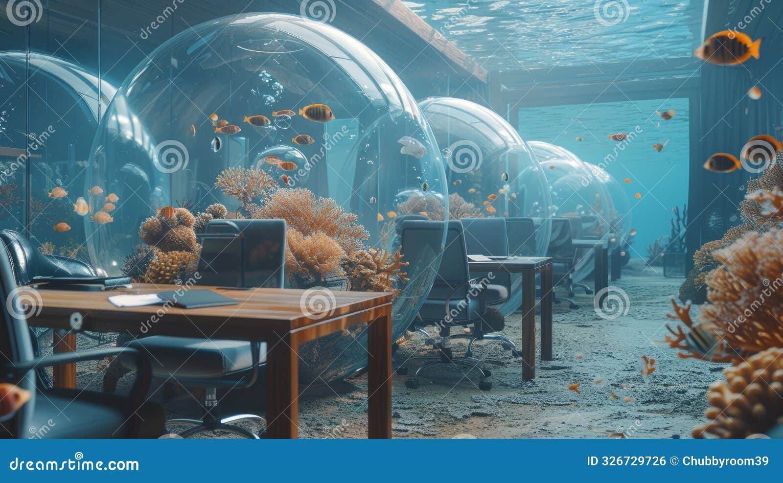 A Futuristic Underwater Office Environment with Transparent Dome-shaped ...