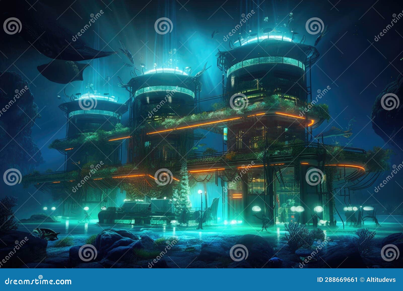 Futuristic Underwater Research Facility with Glowing Lights Stock Image ...