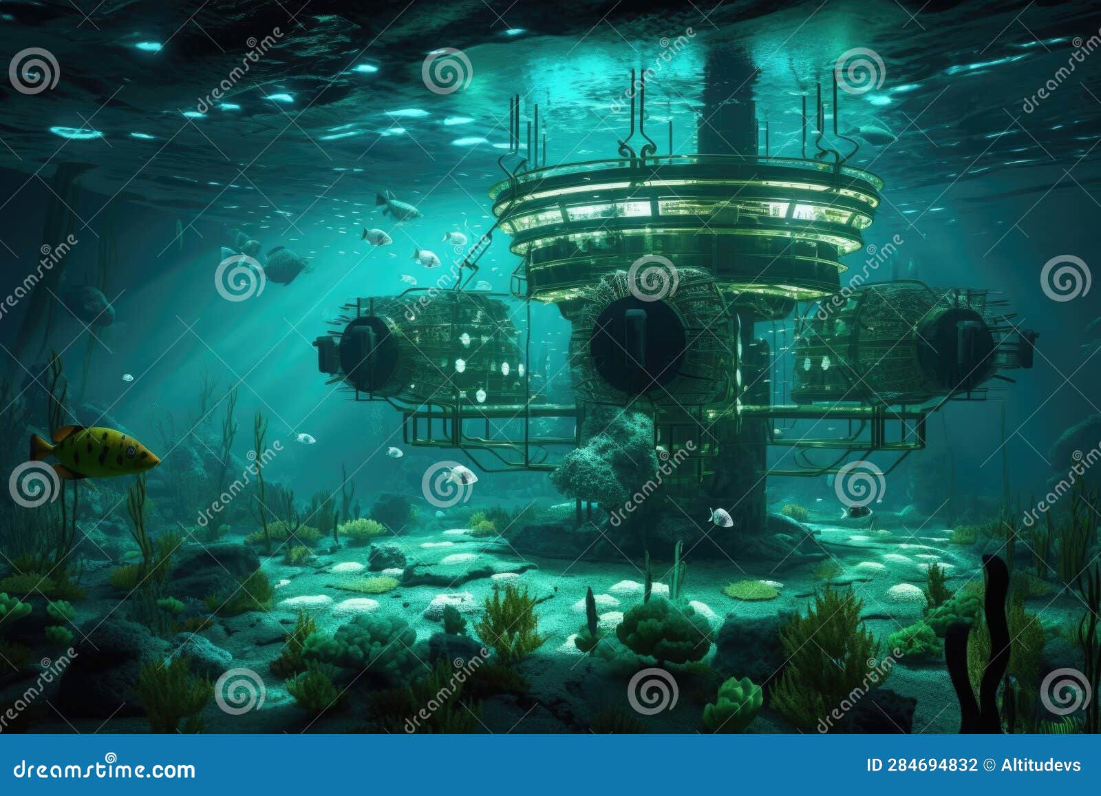 Futuristic Underwater Research Facility Illuminated Stock Illustration ...