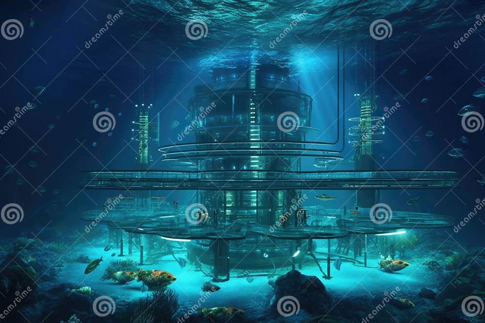 Futuristic Underwater Research Facility Illuminated Stock Image - Image ...