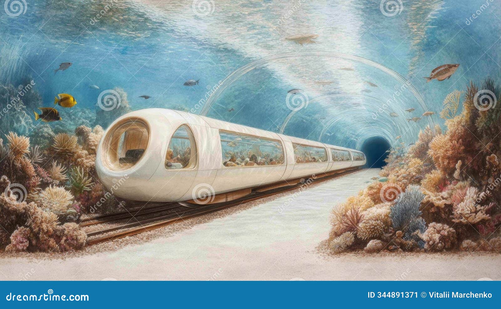 Futuristic Underwater Train Journey through Vibrant Coral Reefs Stock ...