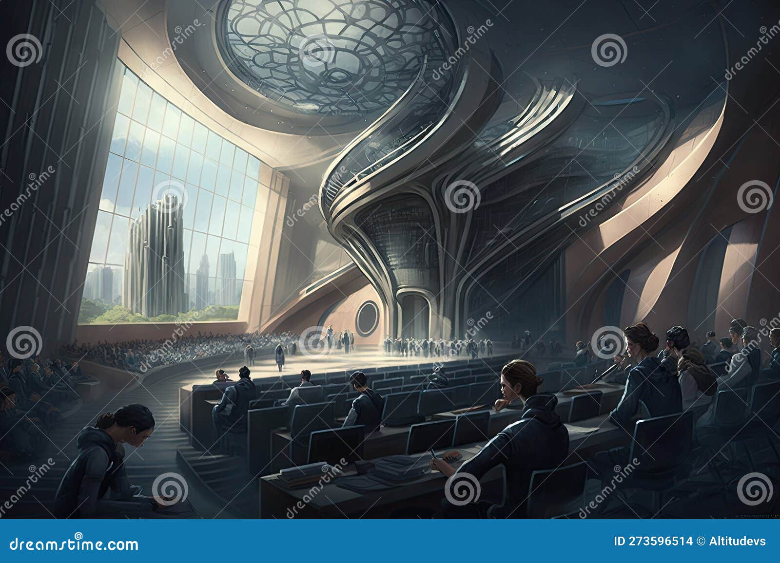 Futuristic University Building, With Students And Faculty In Classrooms ...