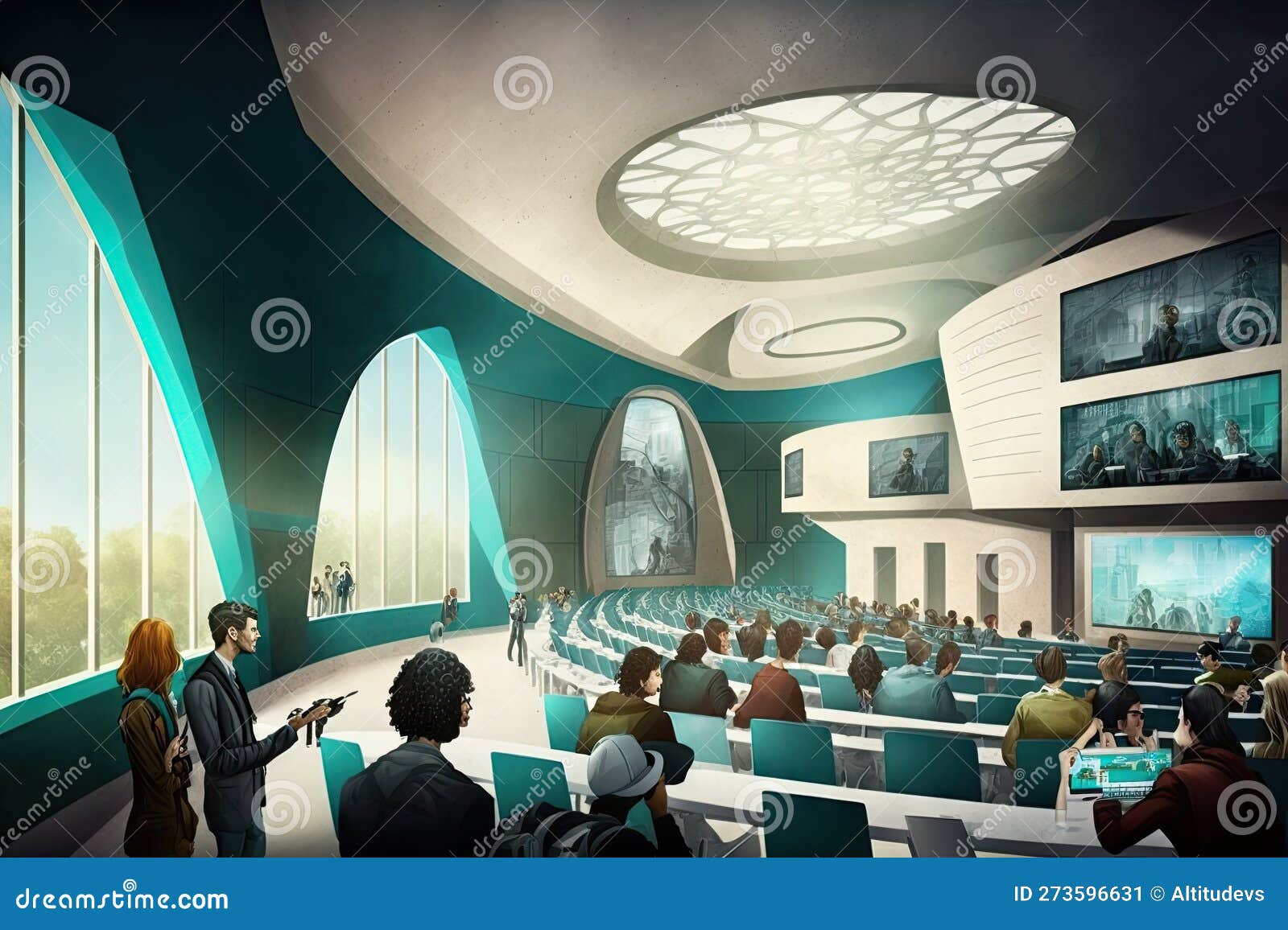 Futuristic University, with Students and Faculty Engaged in ...