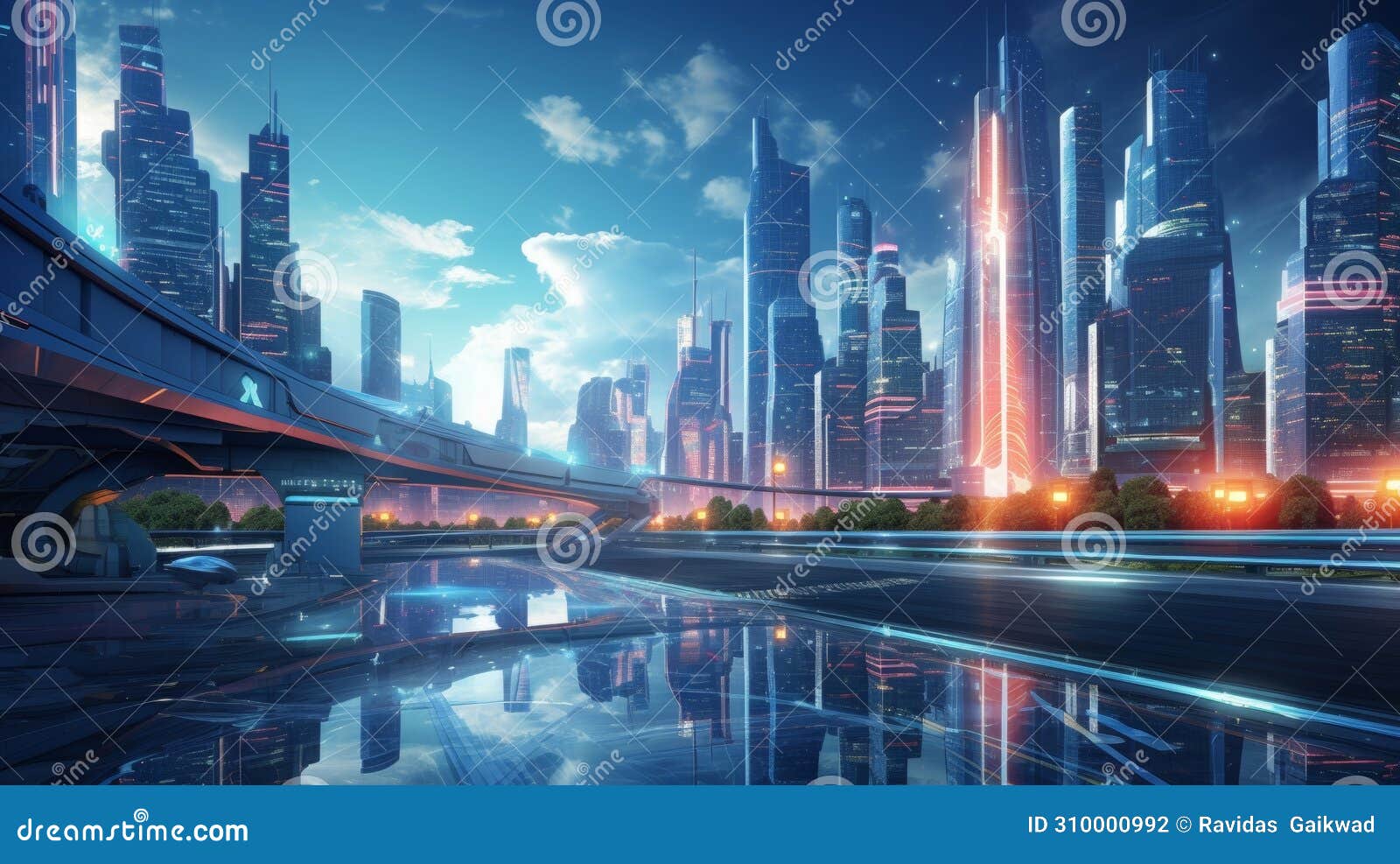 Futuristic Urban Skyline With Glowing Holographic Billboards Stock ...