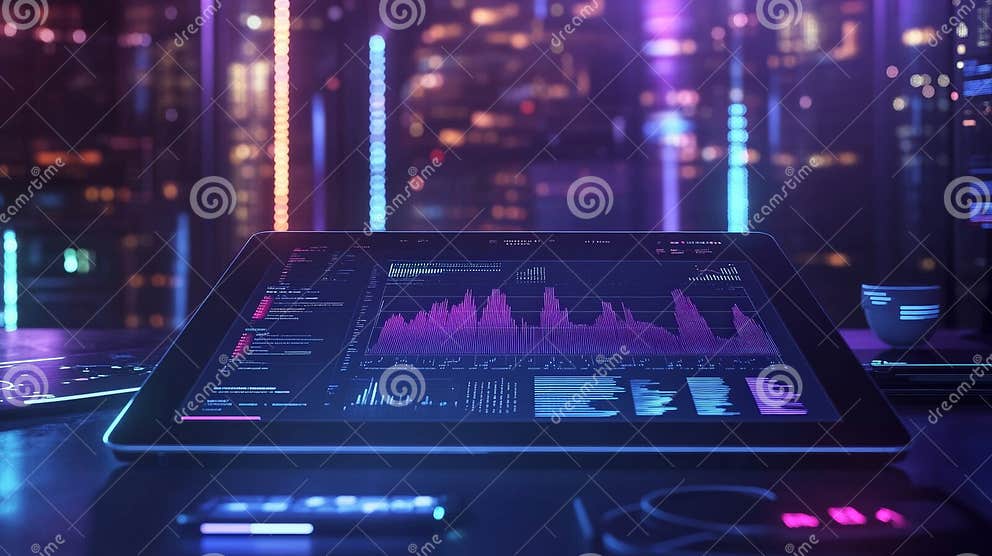 Futuristic Urban Workspace with Digital Analytics Display and Neon ...