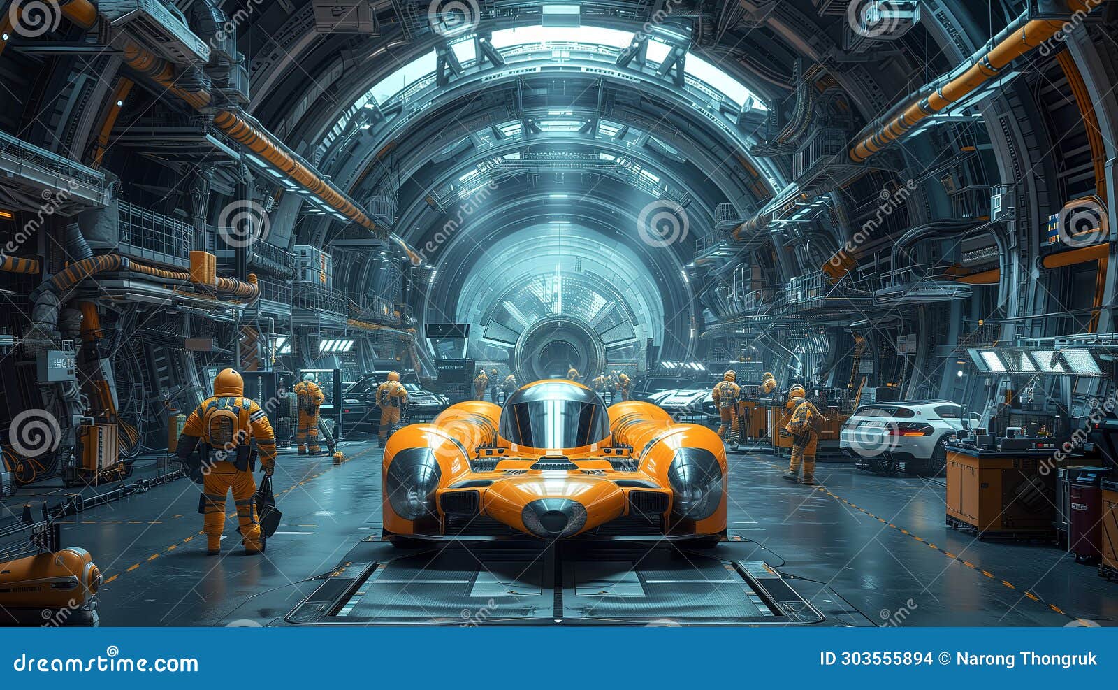 A Futuristic Vehicles Undergoing Maintenance with Dark Blue Background ...