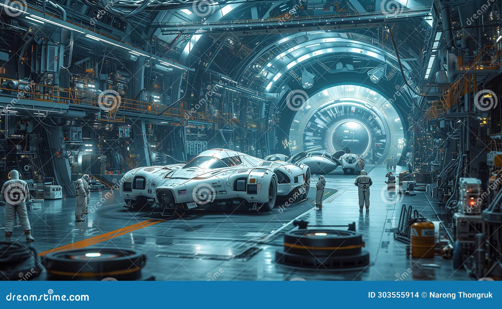 A Futuristic Vehicles Undergoing Maintenance with Dark Blue Background ...