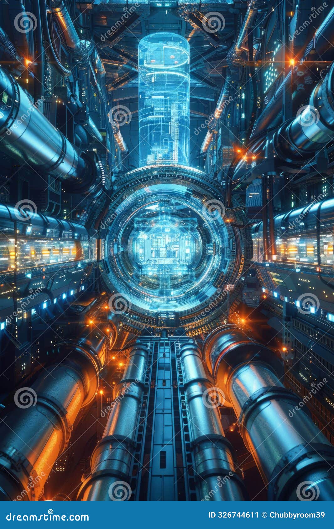 Futuristic Vertical Cityscape with Glowing Blue Lights and High-tech ...