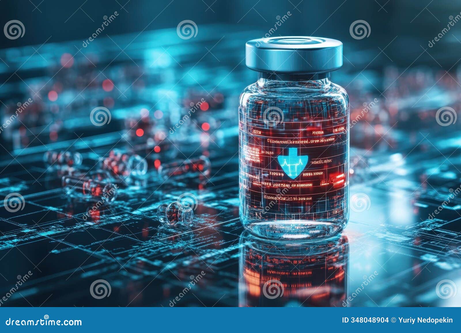 A Futuristic Vial with Glowing Data Labels on a Digital Matrix ...