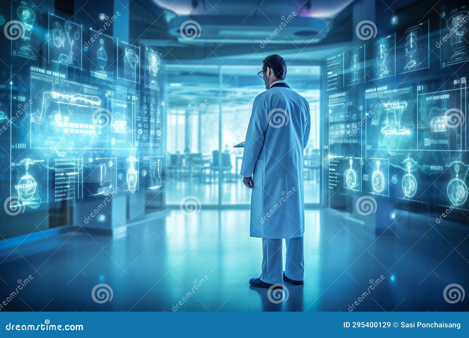 Futuristic Virtual Interface Room. Scientist or Doctor Analyzing ...