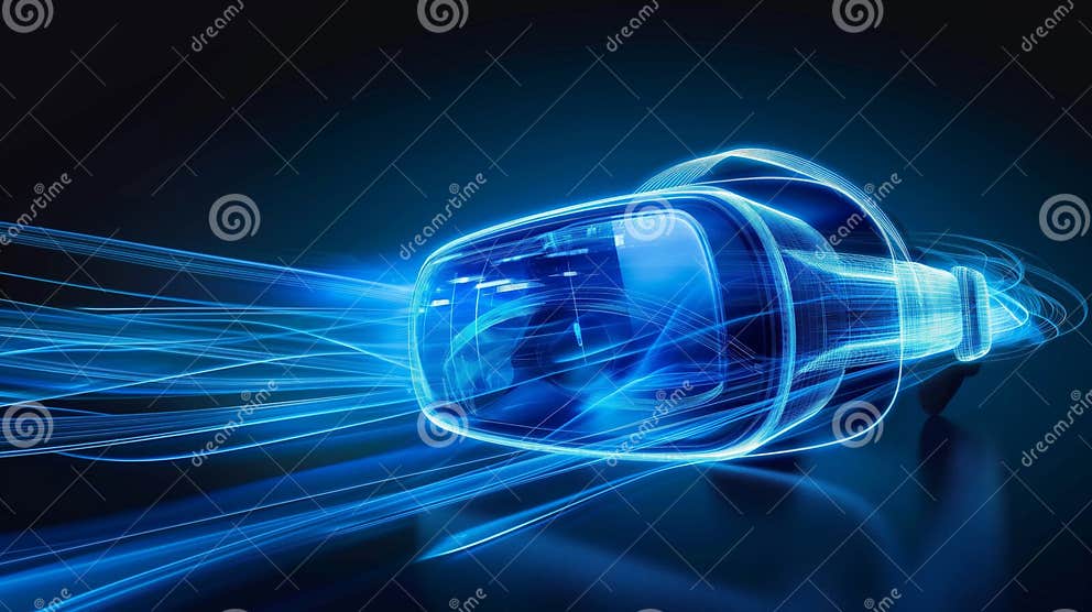 Futuristic Virtual Reality Headset with Blue Light Trails Stock Photo ...