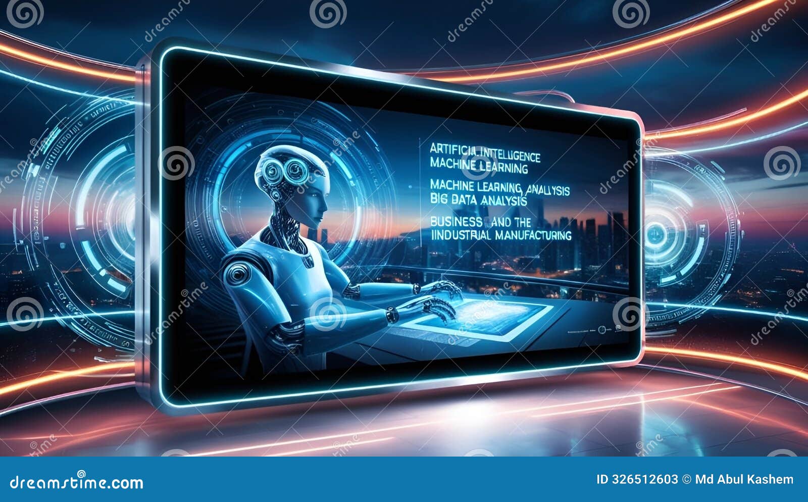 A Futuristic Virtual Screen Depicting Artificial Intelligence, Machine Learning, Stock ...