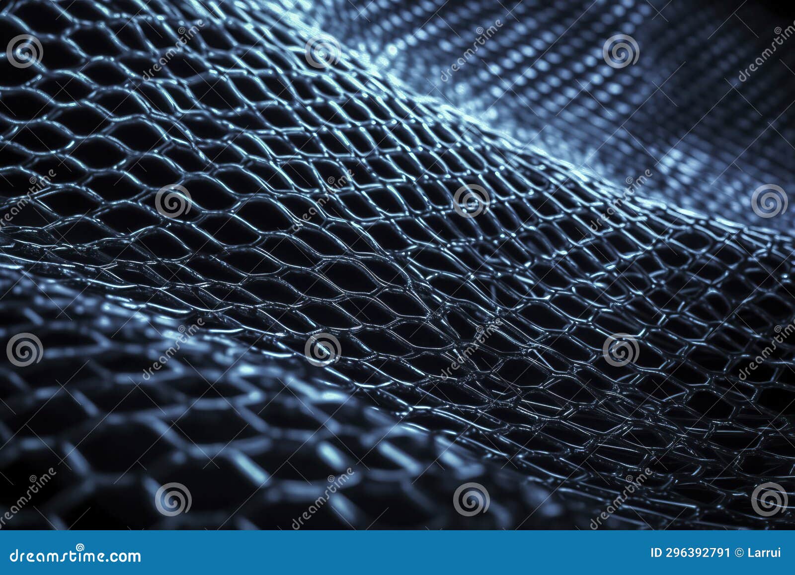Futuristic Vision: Close-Up of a Blue Metallic Mesh Surface with a Sci ...