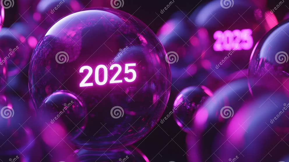 Futuristic 2025 Vision through Glowing Spheres in Neon Light Stock ...