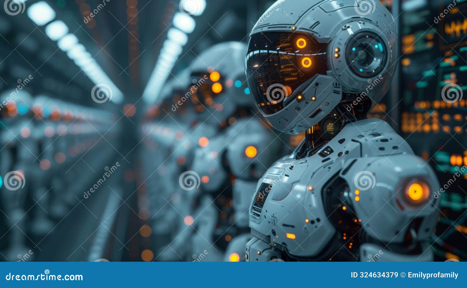 Futuristic Robots Performing Complex Tasks in a Server Room Stock Image - Image of network ...