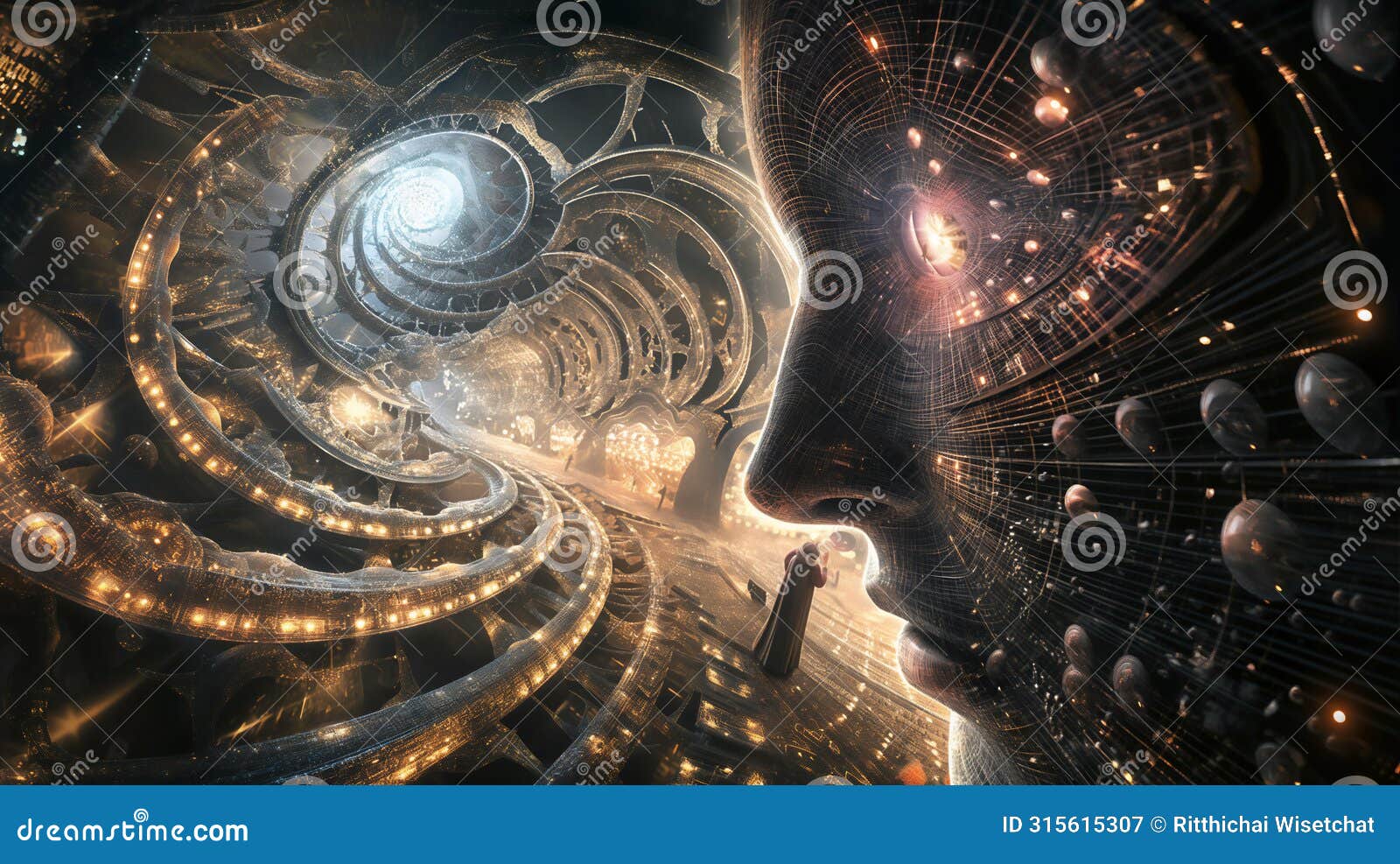 Futuristic Visualization of a Human Profile with Spiraling Structures ...