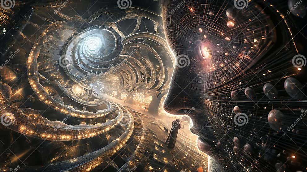 Futuristic Visualization of a Human Profile with Spiraling Structures ...