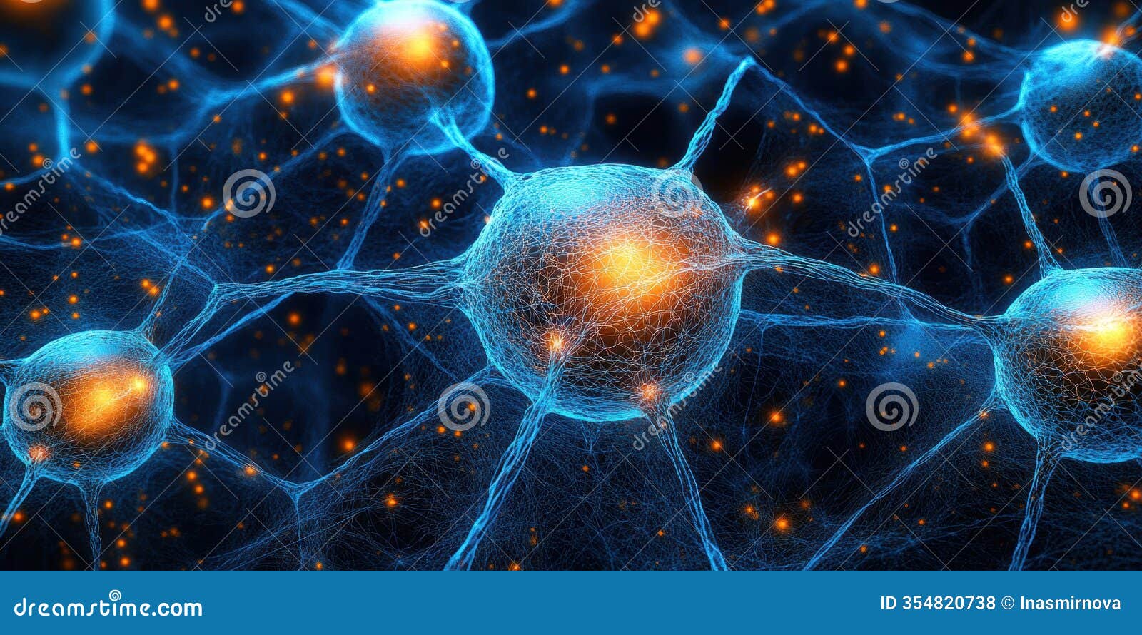 Futuristic Visualization Of Interconnected Neurons With Glowing Orange Cores And Intricate Blue