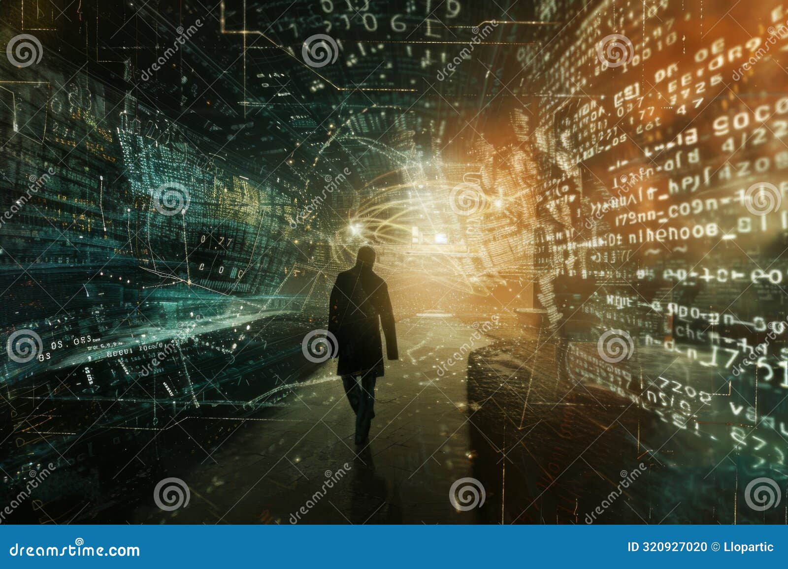 Futuristic Visualization of a Man Walking through a Digital Tunnel with ...