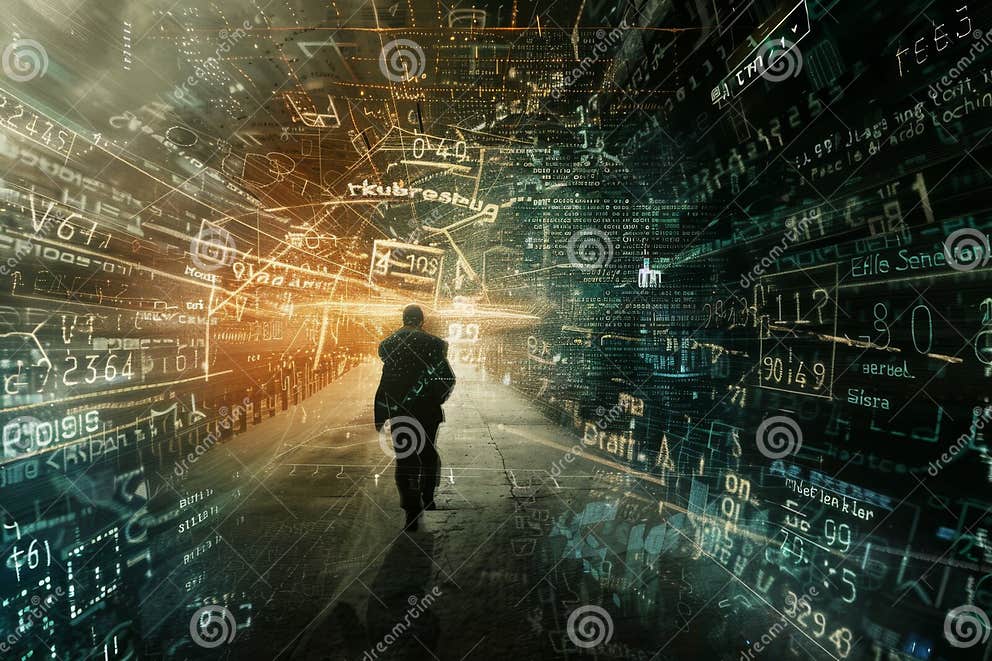 Futuristic Visualization of a Man Walking through a Digital Tunnel with ...