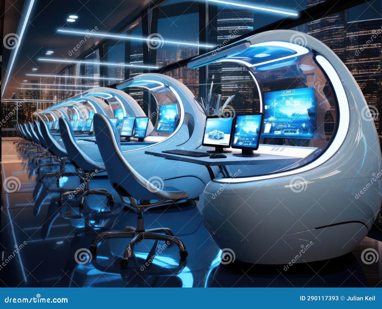 Futuristic VR Office Cubicles with Remote Collaboration Stock ...