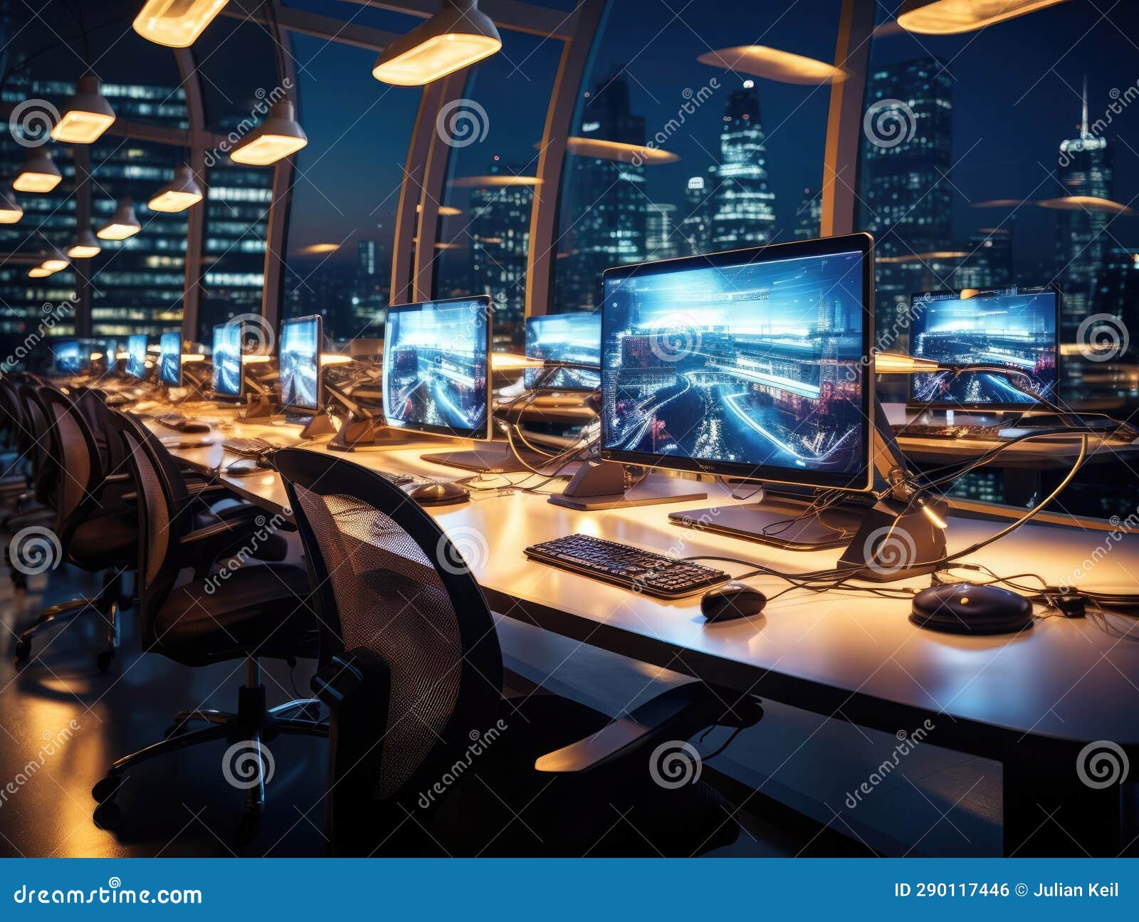Futuristic VR Office Cubicles With Remote Collaboration Royalty-Free ...