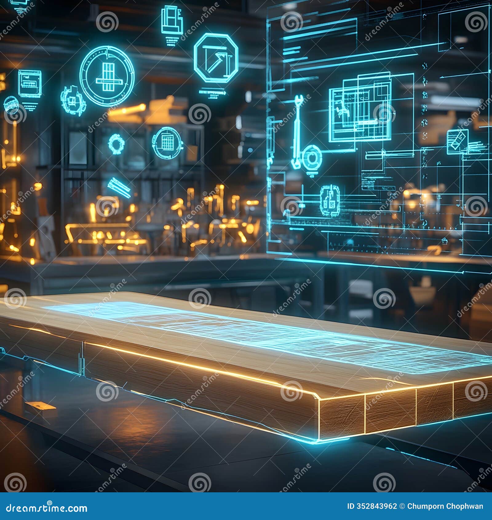 Futuristic VR Workshop with Holographic Planks and Digital Blueprints ...