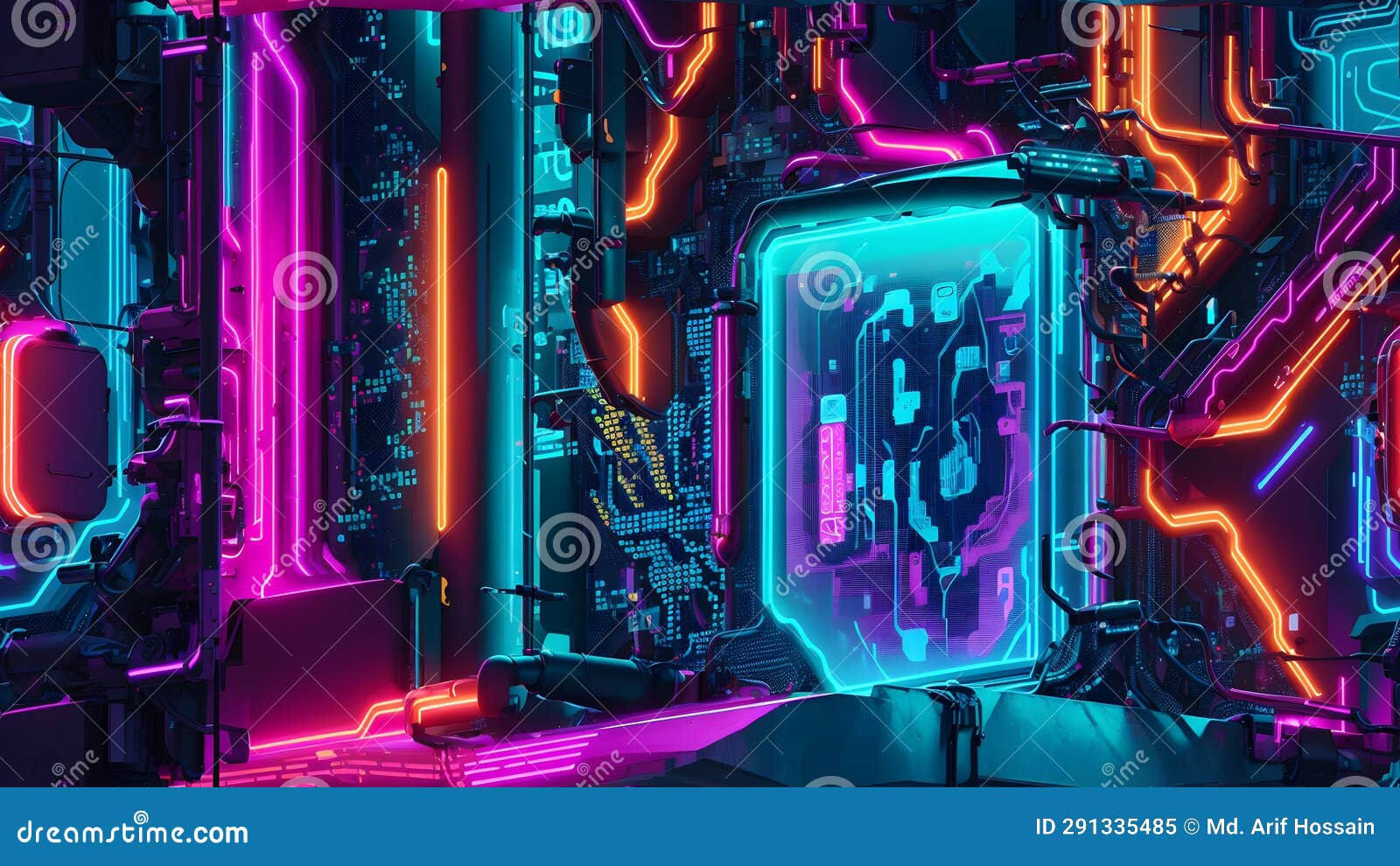 A Futuristic Wall Covered in Glowing Neon Patterns and Symbols Forms a ...