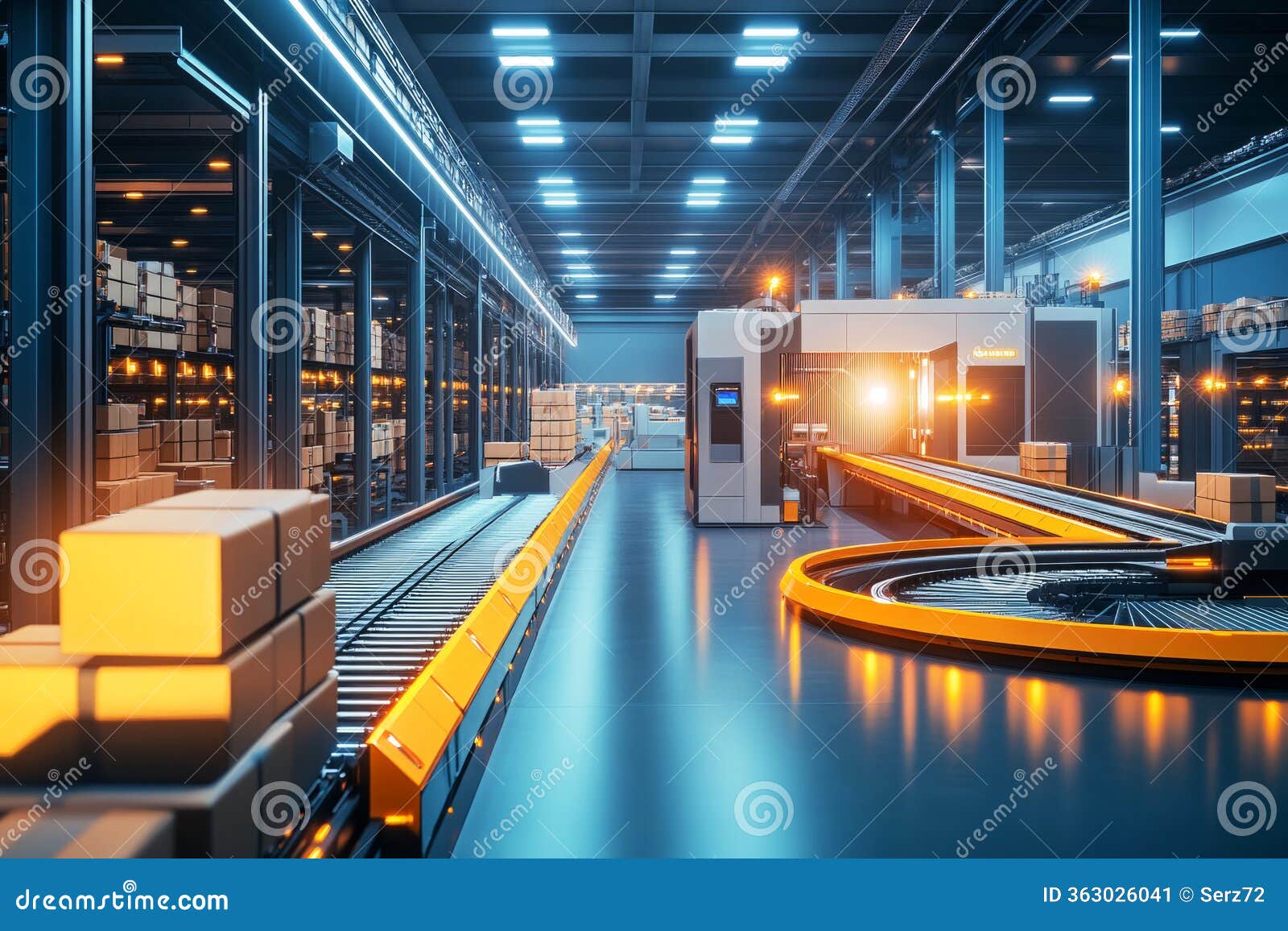 A Futuristic Warehouse with Robotic Conveyors Moving Packages ...