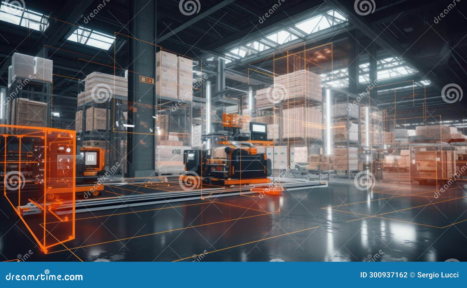 Futuristic Warehouse. Wires and Rows of Boxes. Modern Technology ...