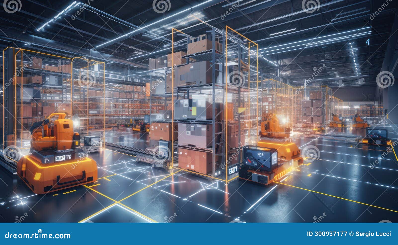 Futuristic Warehouse. Wires and Rows of Boxes. Modern Technology ...