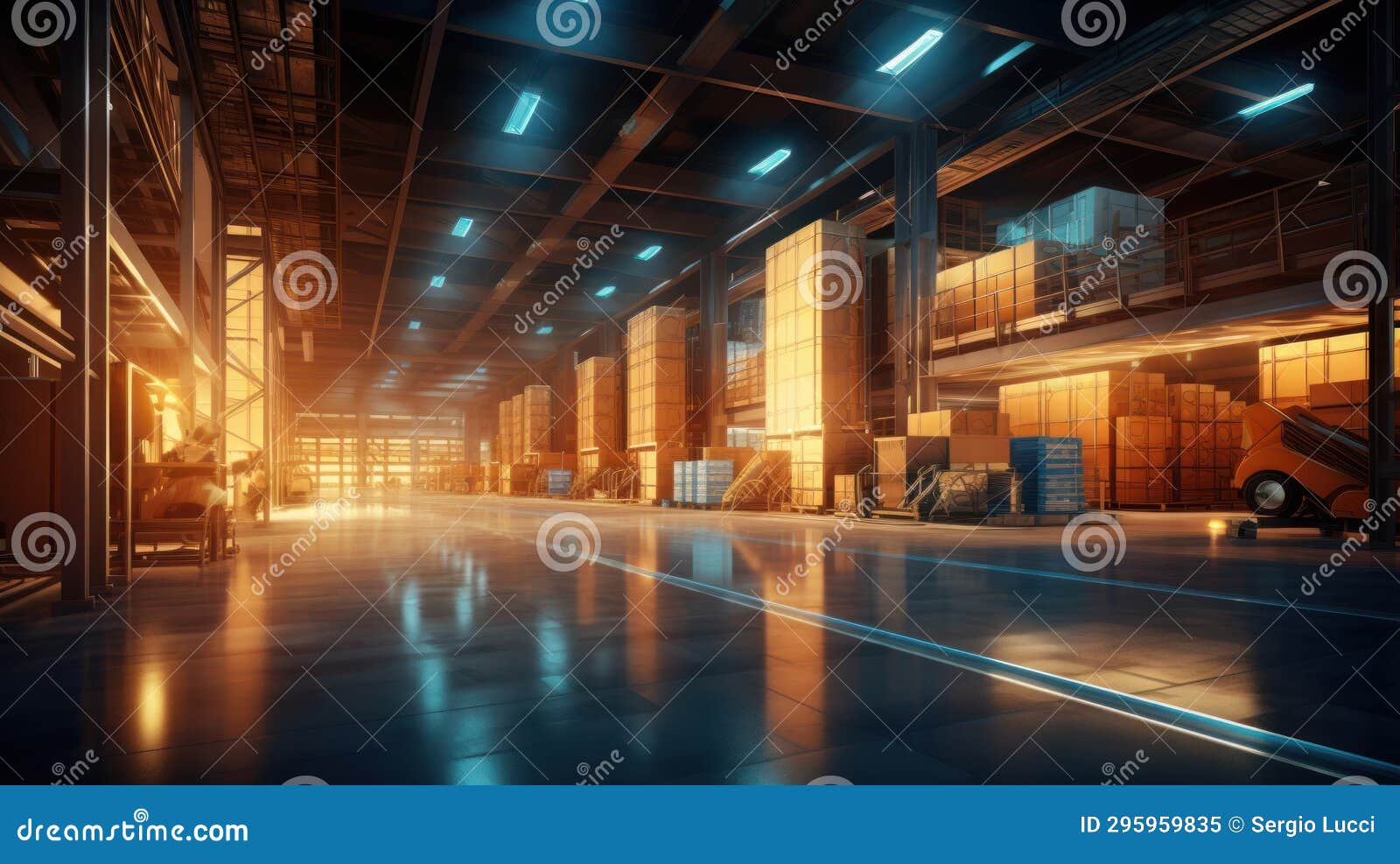 Futuristic Warehouse. Wires and Rows of Boxes. Modern Technology ...