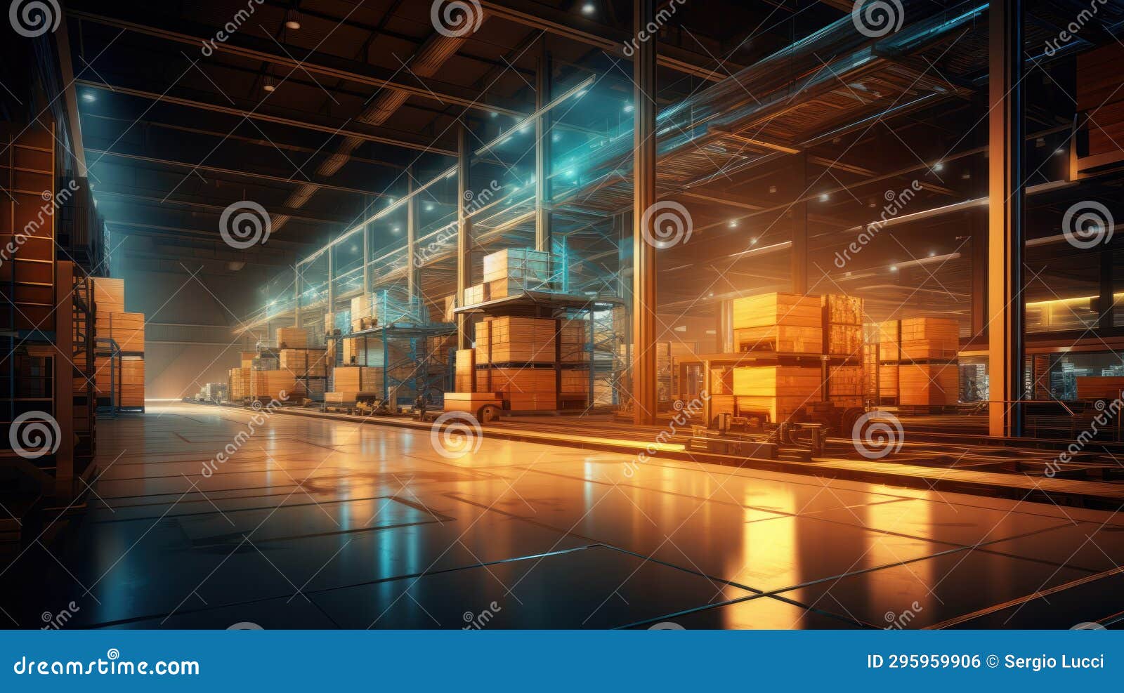 Futuristic Warehouse. Wires and Rows of Boxes. Modern Technology ...