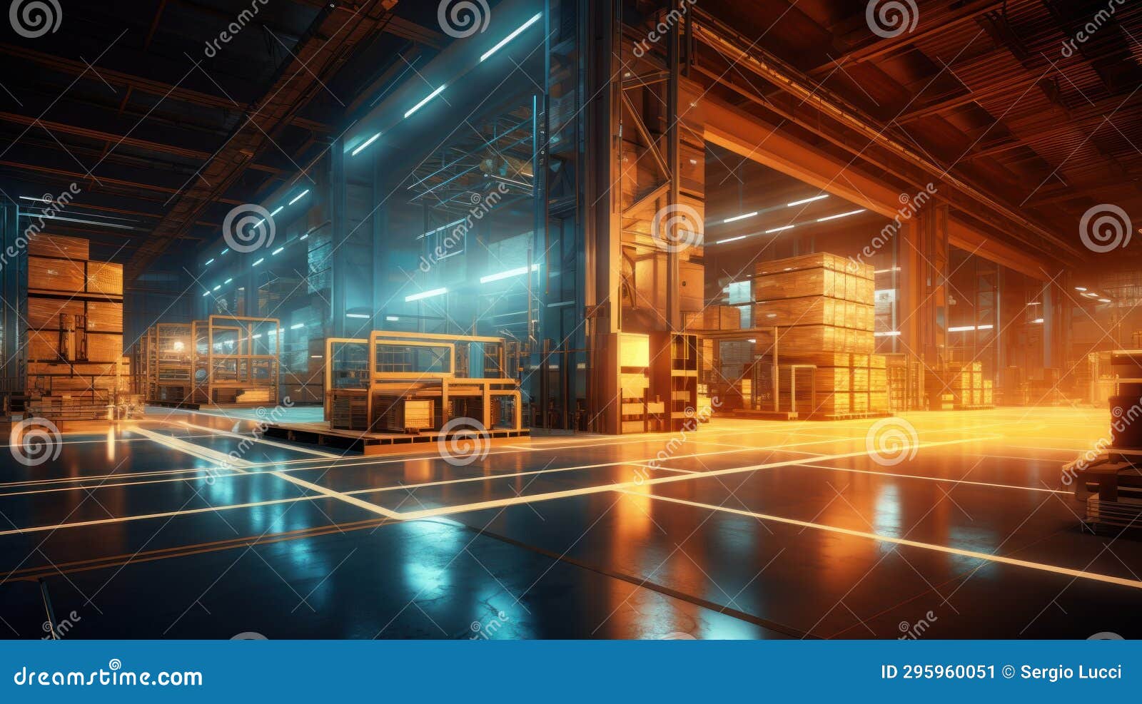 Futuristic Warehouse. Wires and Rows of Boxes. Modern Technology ...
