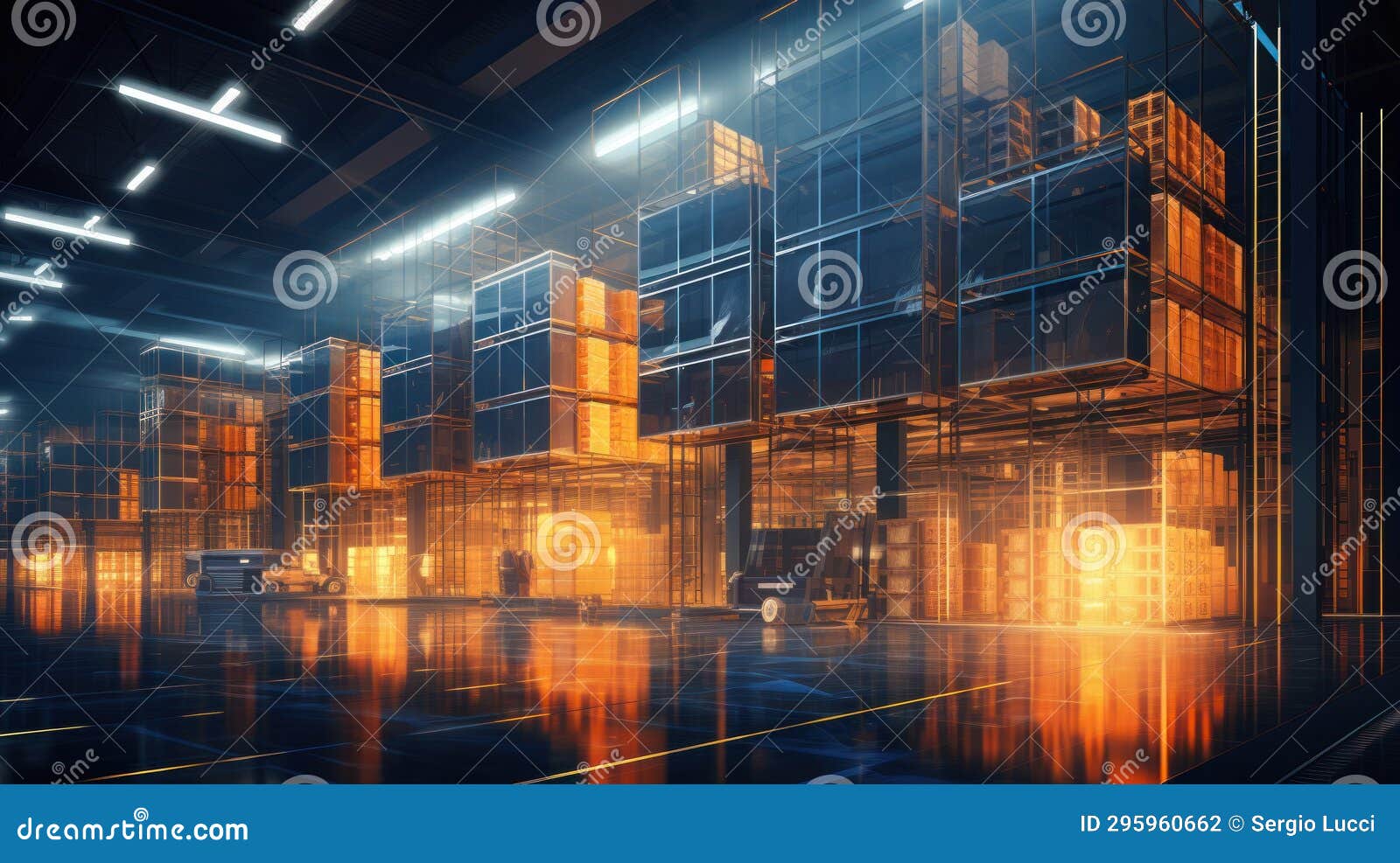 Futuristic Warehouse. Wires and Rows of Boxes. Modern Technology ...