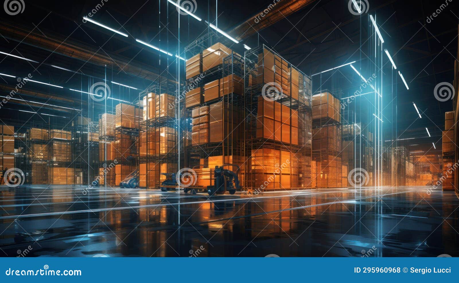 Futuristic Warehouse. Wires and Rows of Boxes. Modern Technology ...